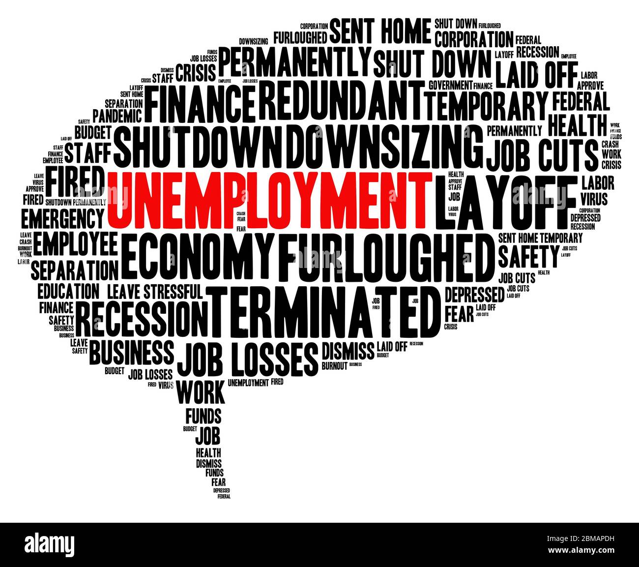Unemployment speech bubble shaped word cloud shaped concept on white ...