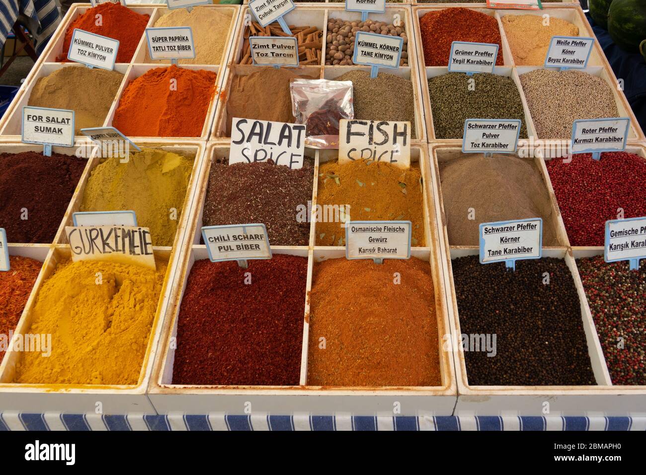 Various spices on a counter of the market. Stall of spices in the ...