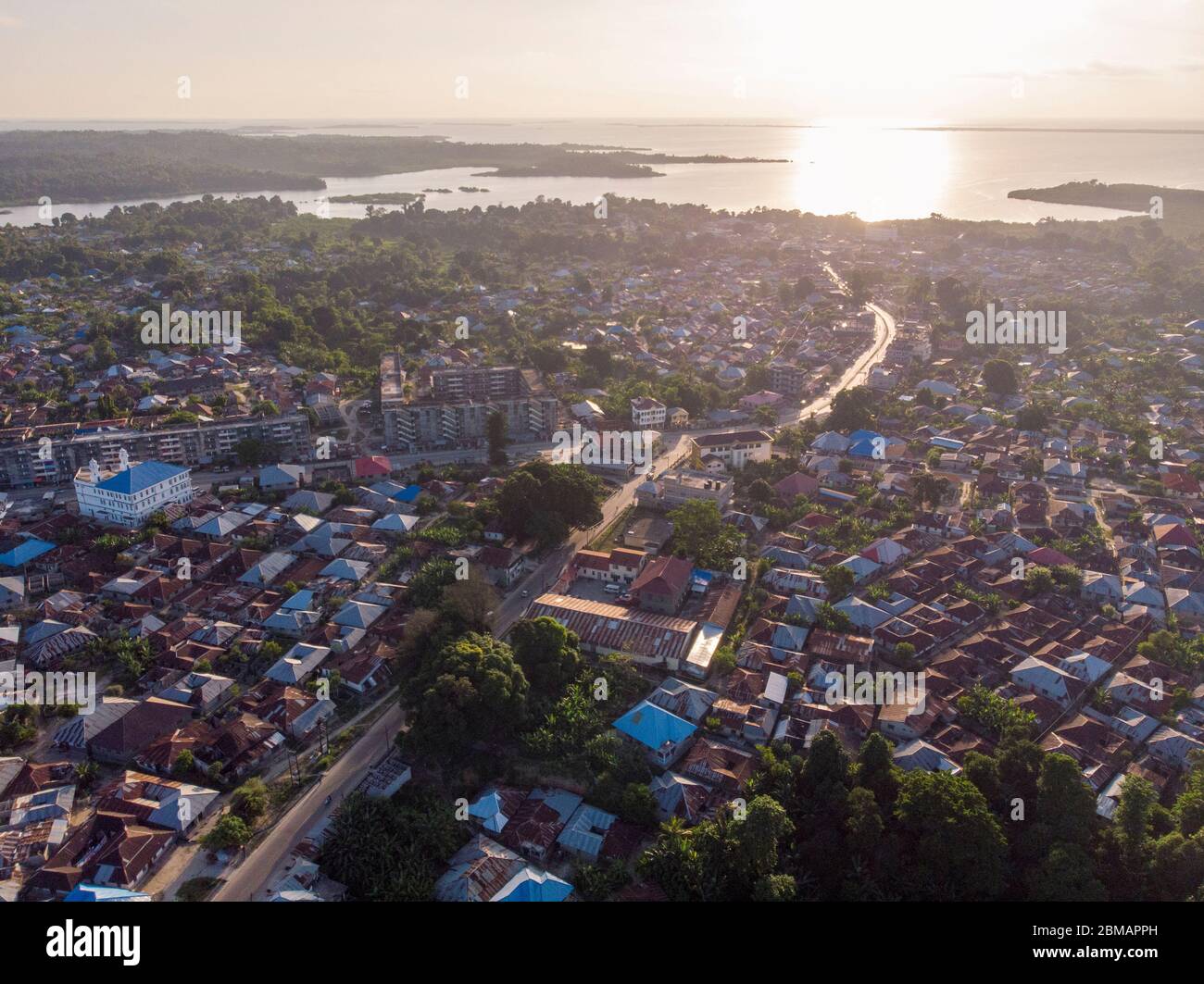 Aerial shot of Pemba island, zanzibar archipelago. Wete city at sunset ...