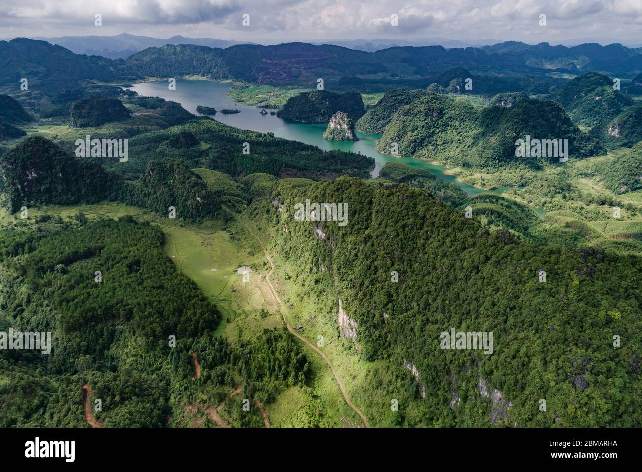 Aerial view of Karst mountains and rice fields Stock Photo - Alamy