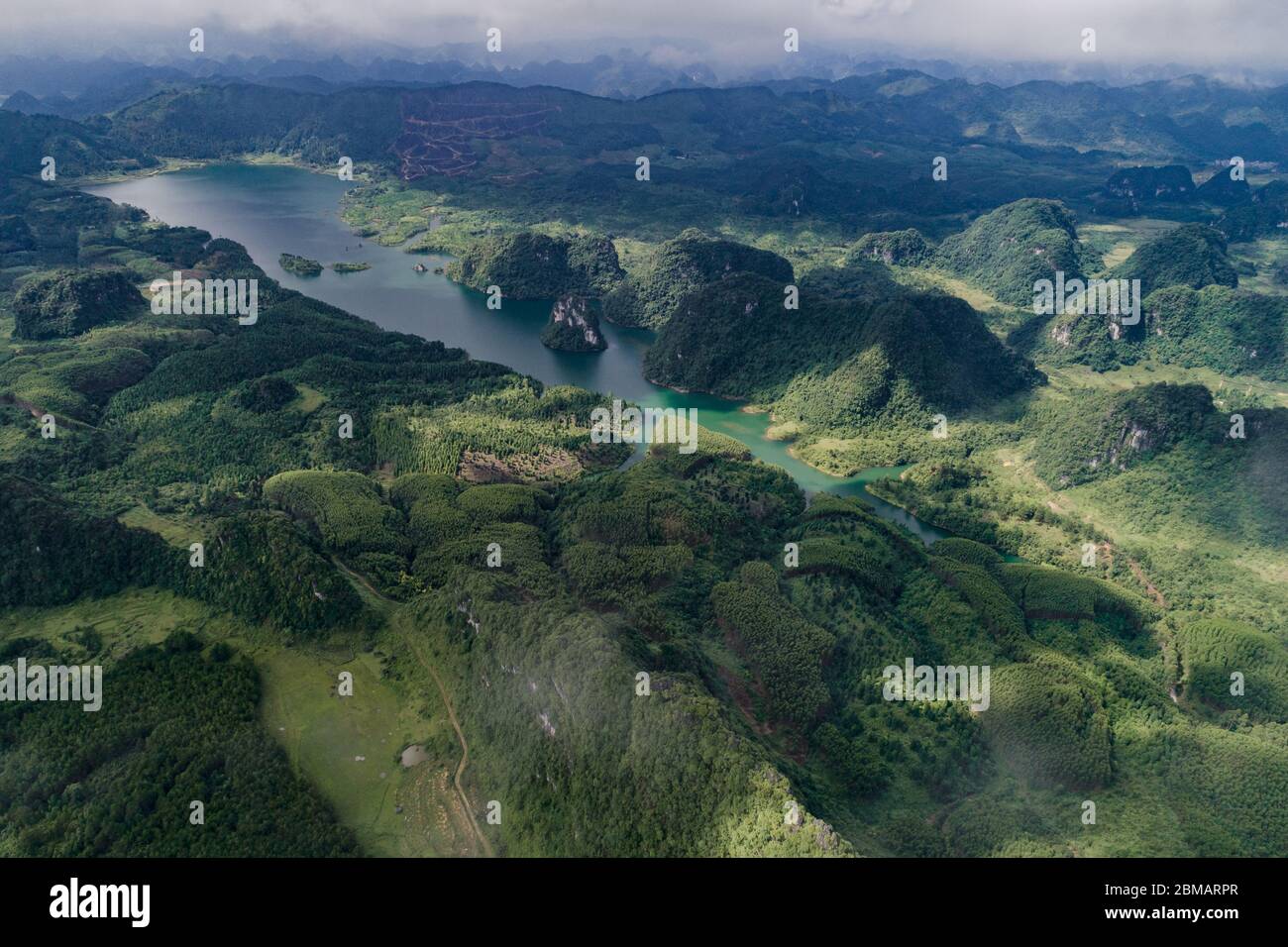 Aerial view of Karst mountains and rice fields Stock Photo - Alamy