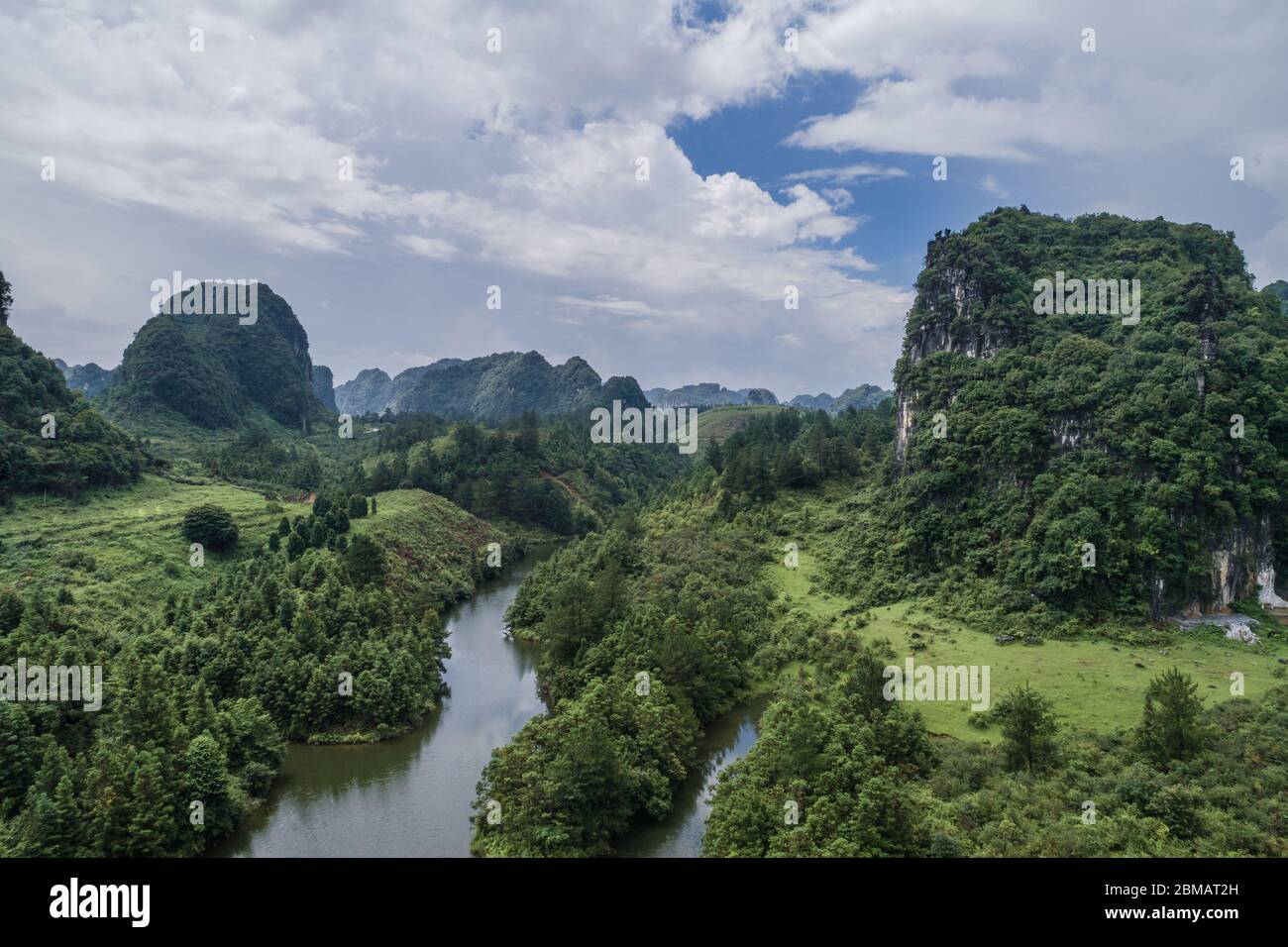 Aerial view of Karst mountains and rice fields Stock Photo - Alamy