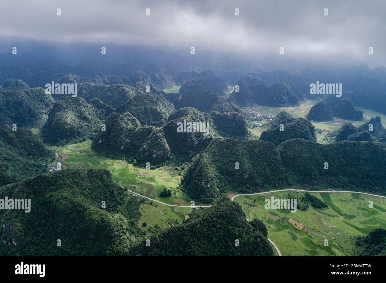 Aerial view of Karst mountains and rice fields Stock Photo - Alamy