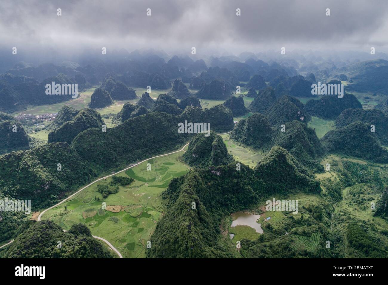 Aerial view of Karst mountains and rice fields Stock Photo - Alamy
