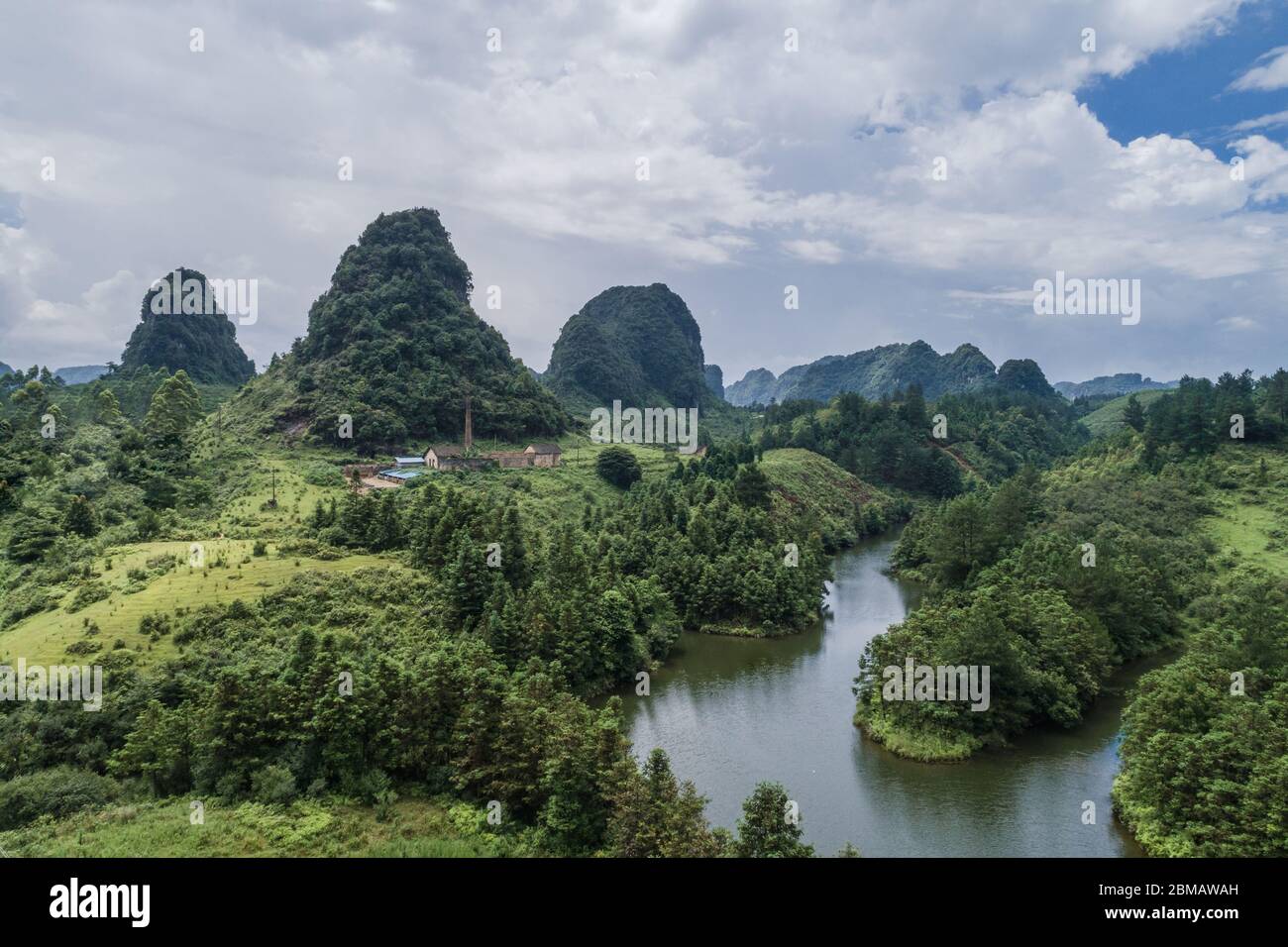 Aerial view of Karst mountains and rice fields Stock Photo - Alamy