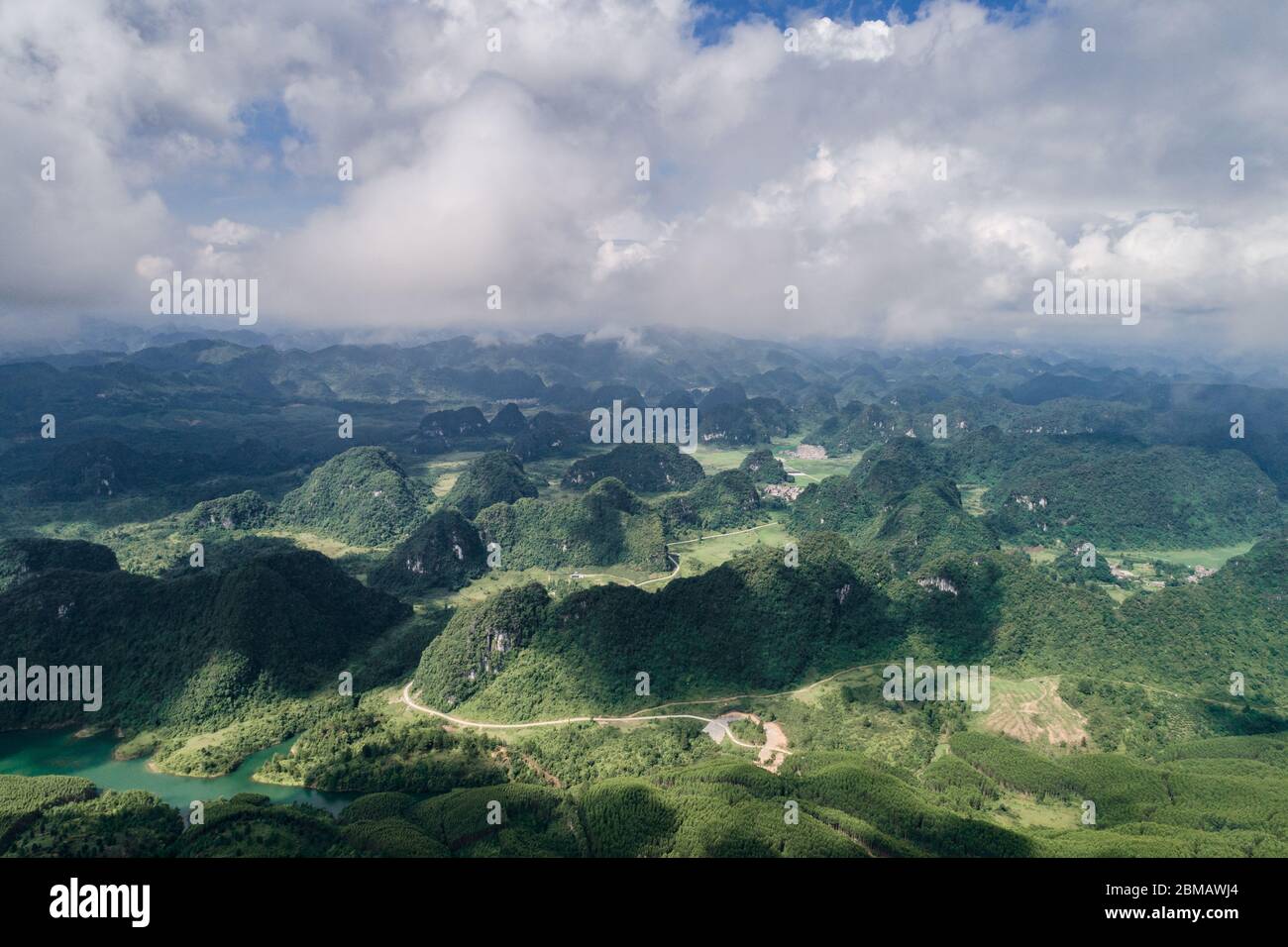 Aerial view of Karst mountains and rice fields Stock Photo - Alamy
