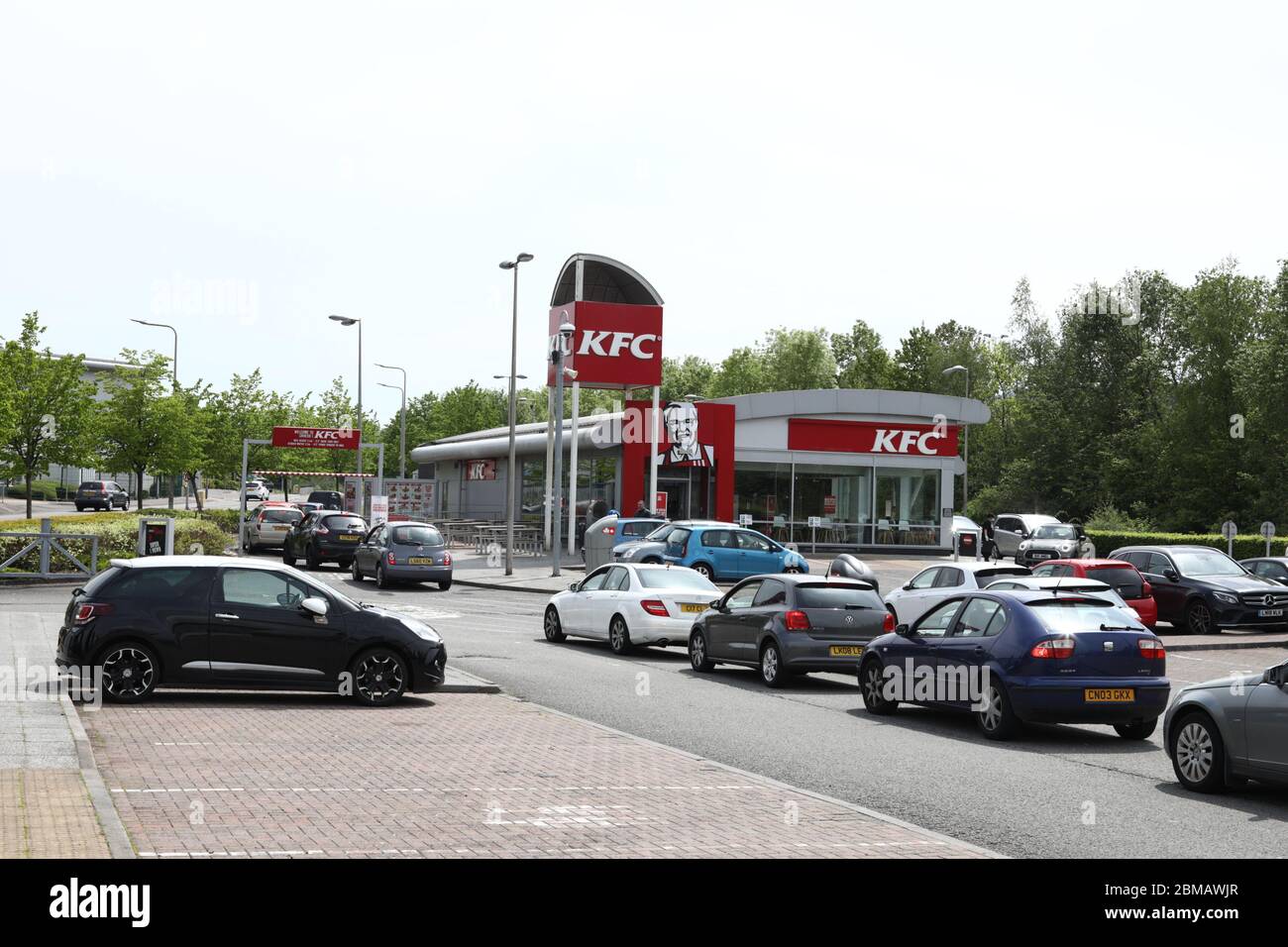 KFC, Merthyr Tydfil, South Wales, UK. 8 May 2020. Large queues outside ...