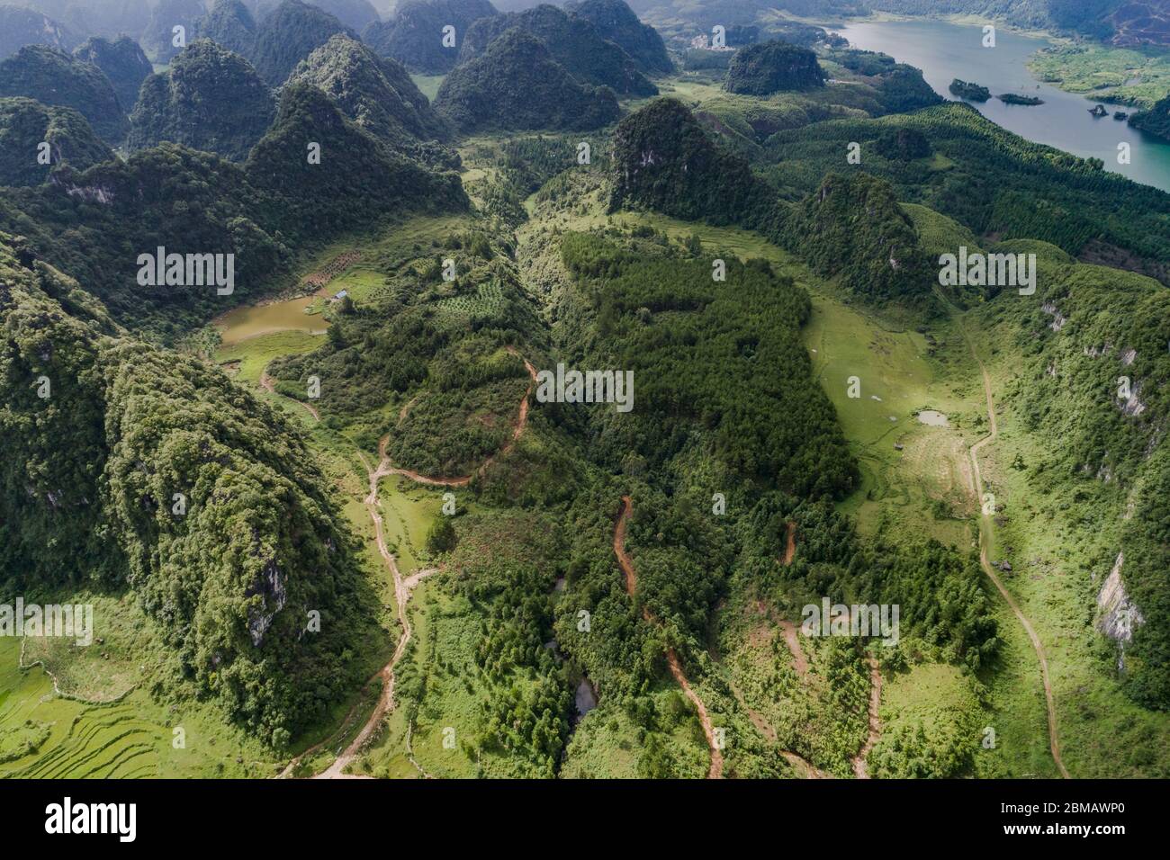 Aerial view of Karst mountains and rice fields Stock Photo - Alamy