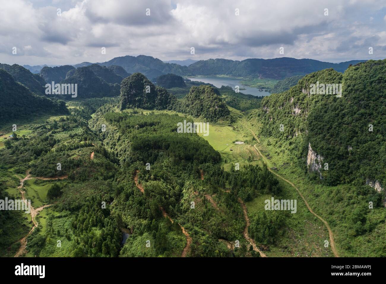 Aerial view of Karst mountains and rice fields Stock Photo - Alamy