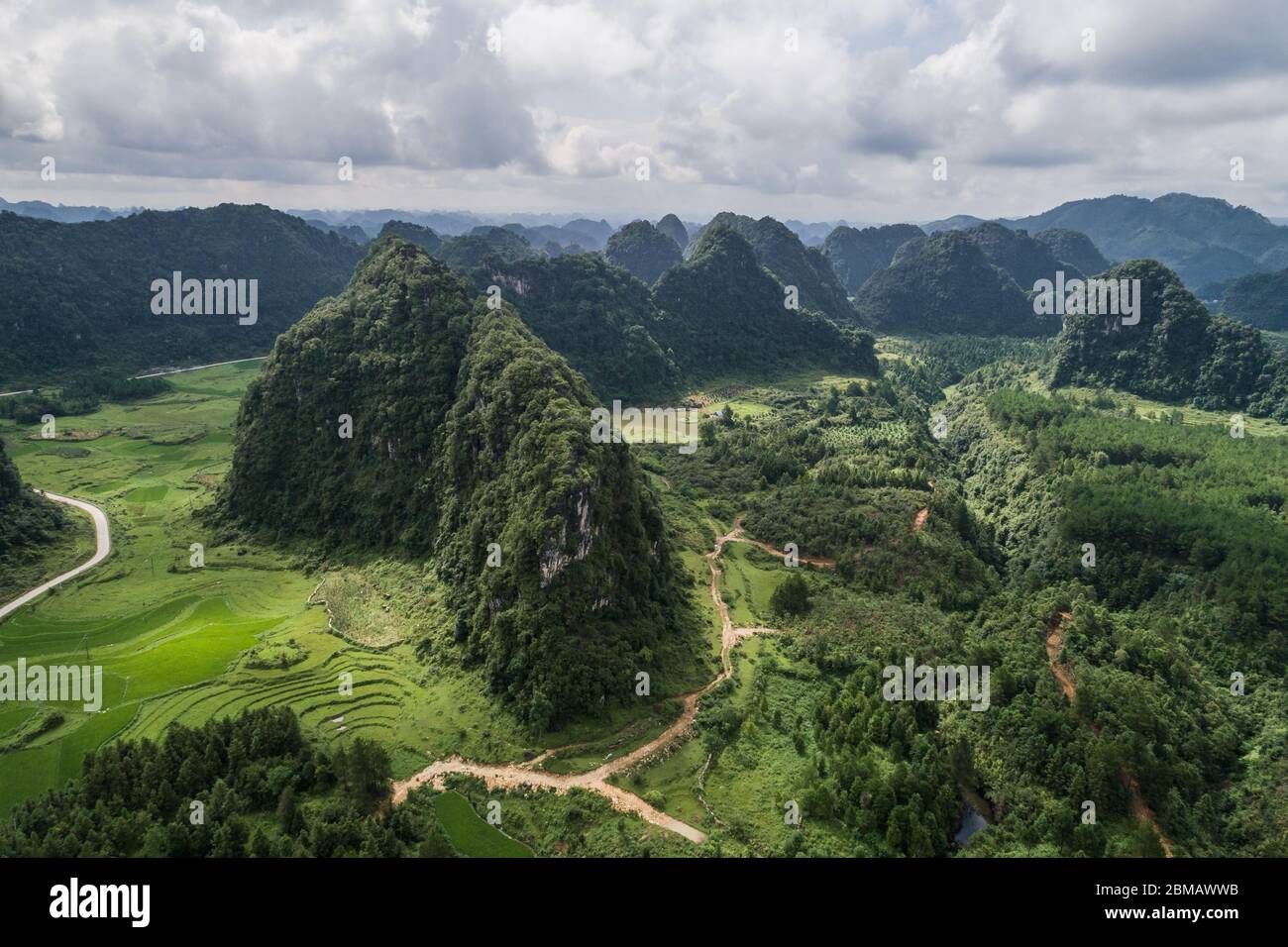 Aerial view of Karst mountains and rice fields Stock Photo - Alamy