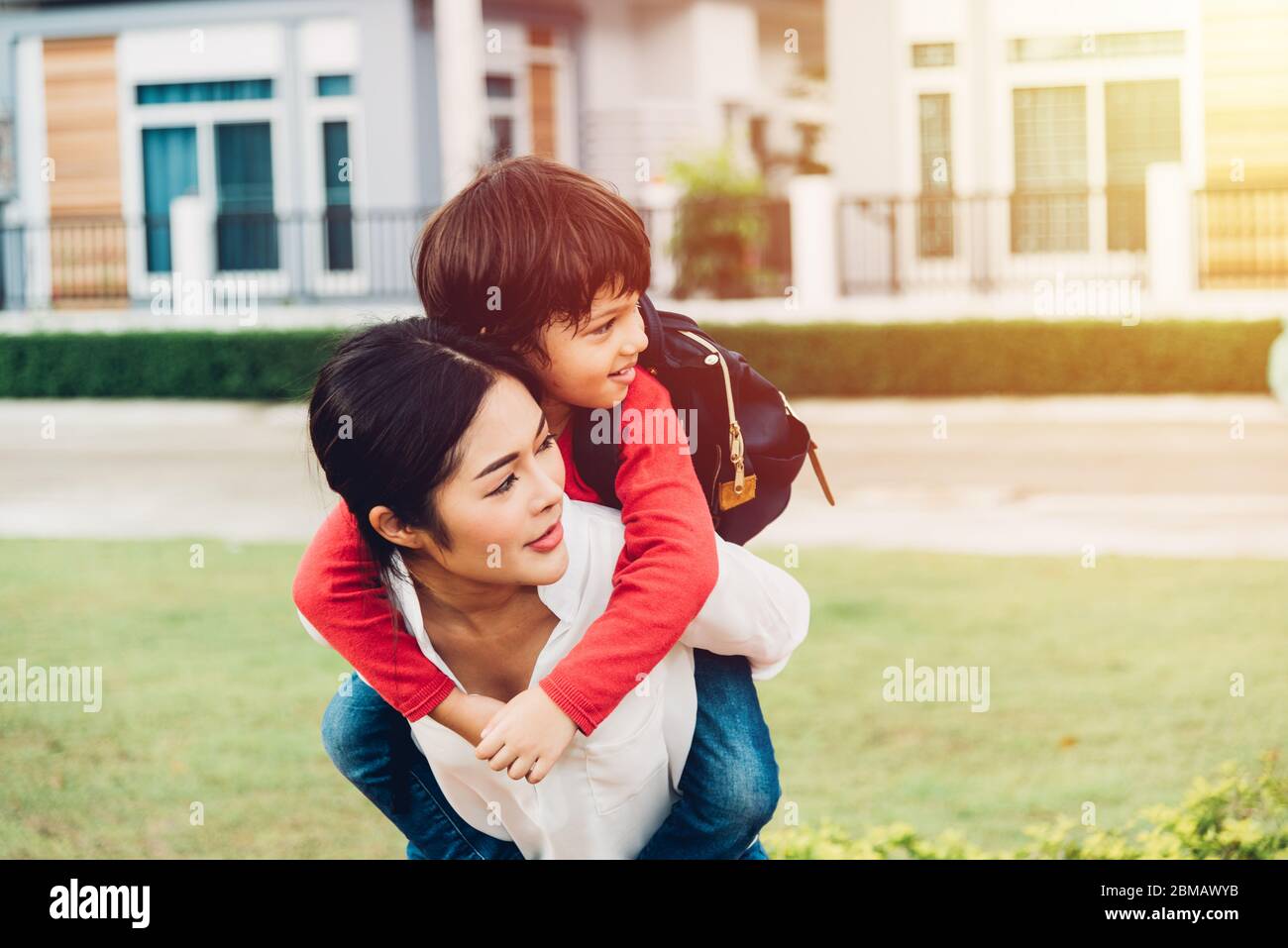 Family happy children kid son boy kindergarten ride back piggyback ...