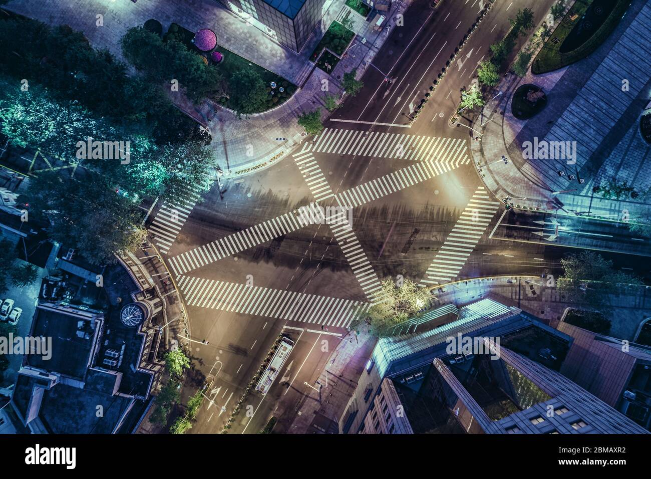Aerial drone view on city intersection during night Stock Photo - Alamy