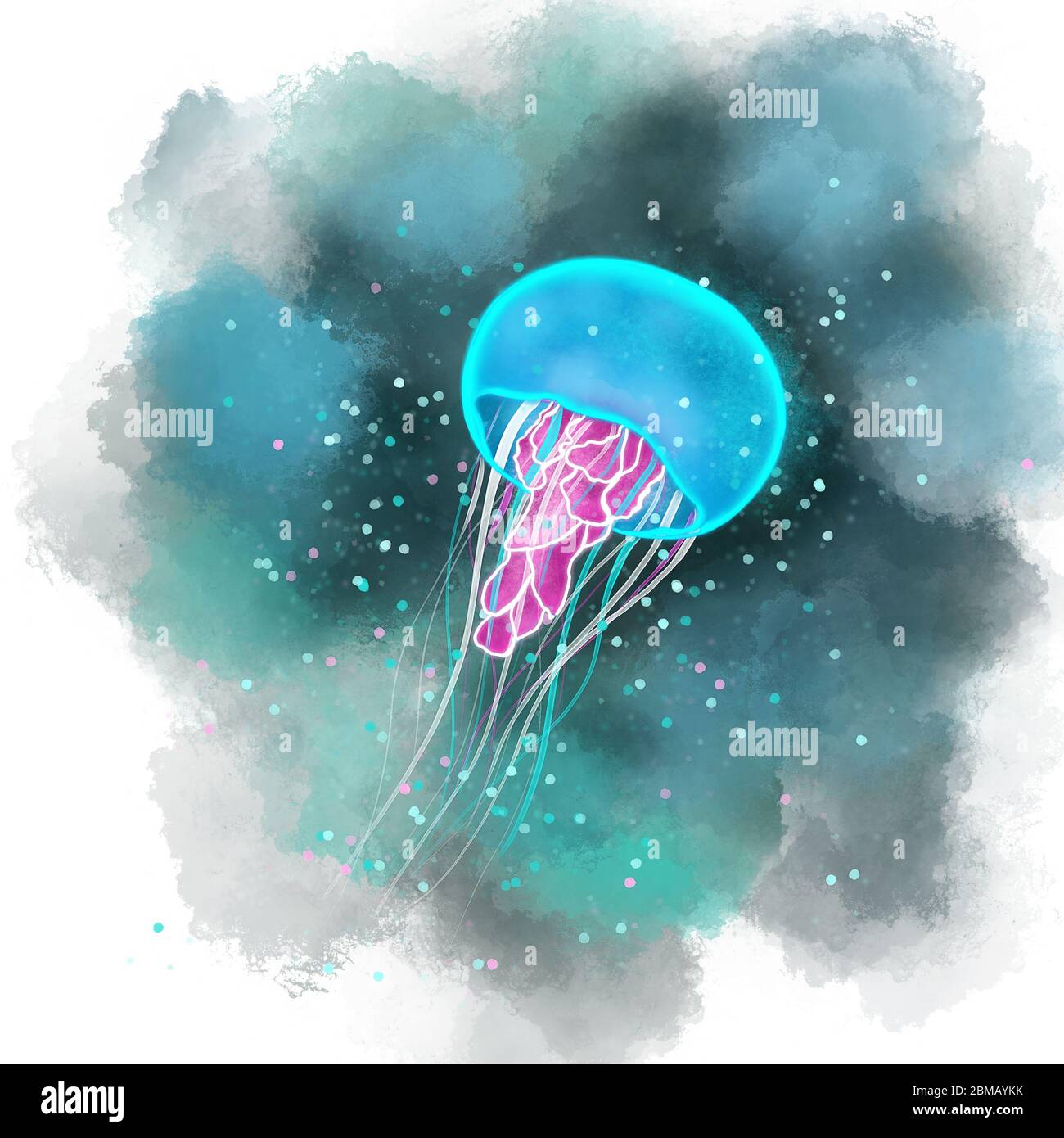 Digital illustration of a neon glow of blue lilac color with jellyfish ...