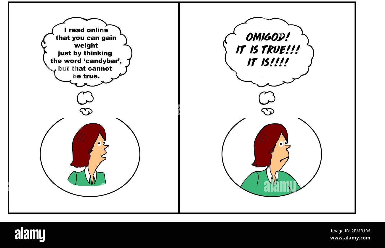 Color cartoon strip about a woman saying she cannot gain weight by ...