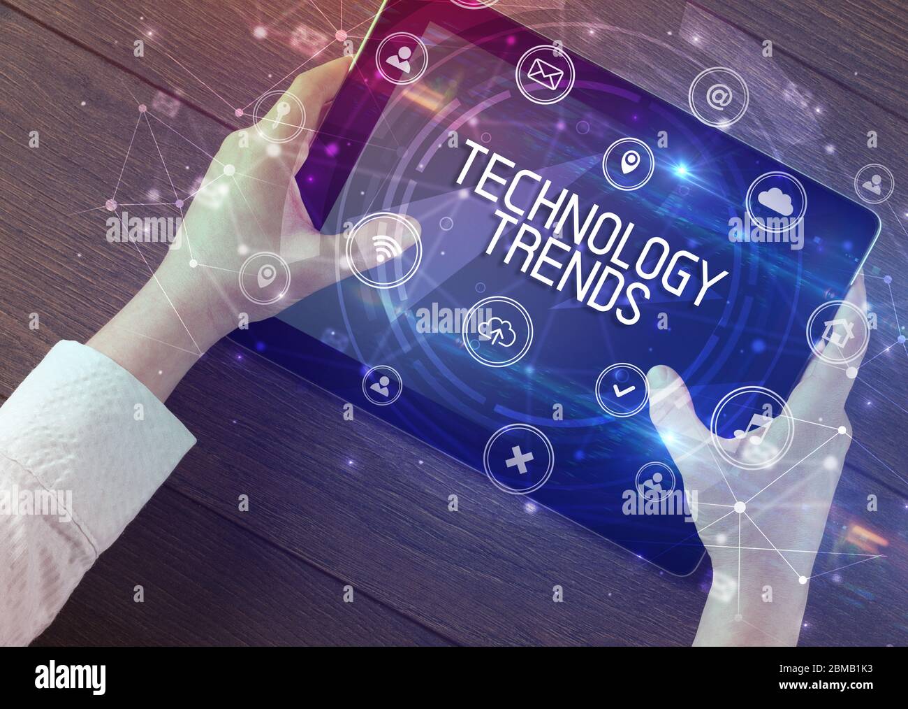 Close-up of a tablet with TECHNOLOGY TRENDS inscription, innovative ...
