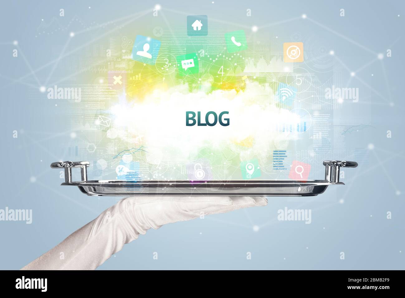 Waiter serving social networking concept with BLOG inscription Stock ...