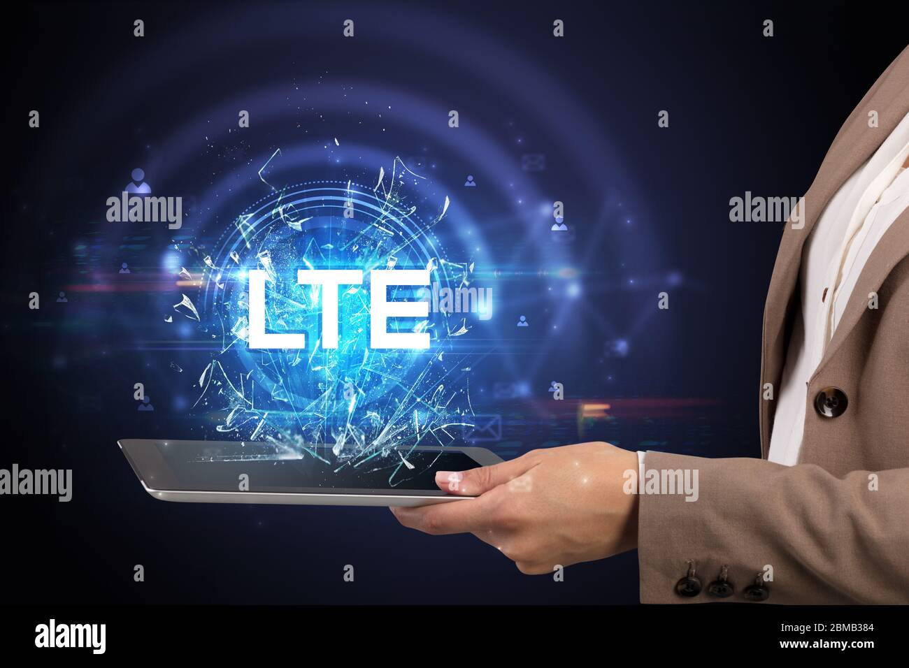 Close-up of a touchscreen with LTE abbreviation, modern technology ...