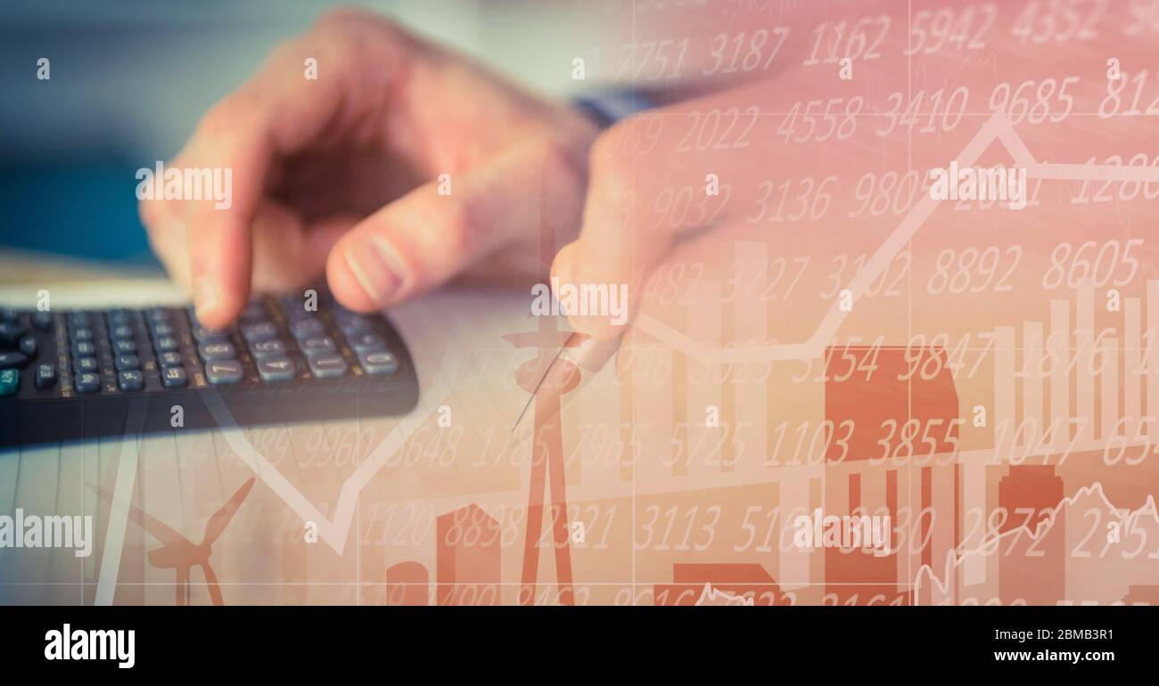 Caucasian male hands calculating over statistics Stock Photo - Alamy