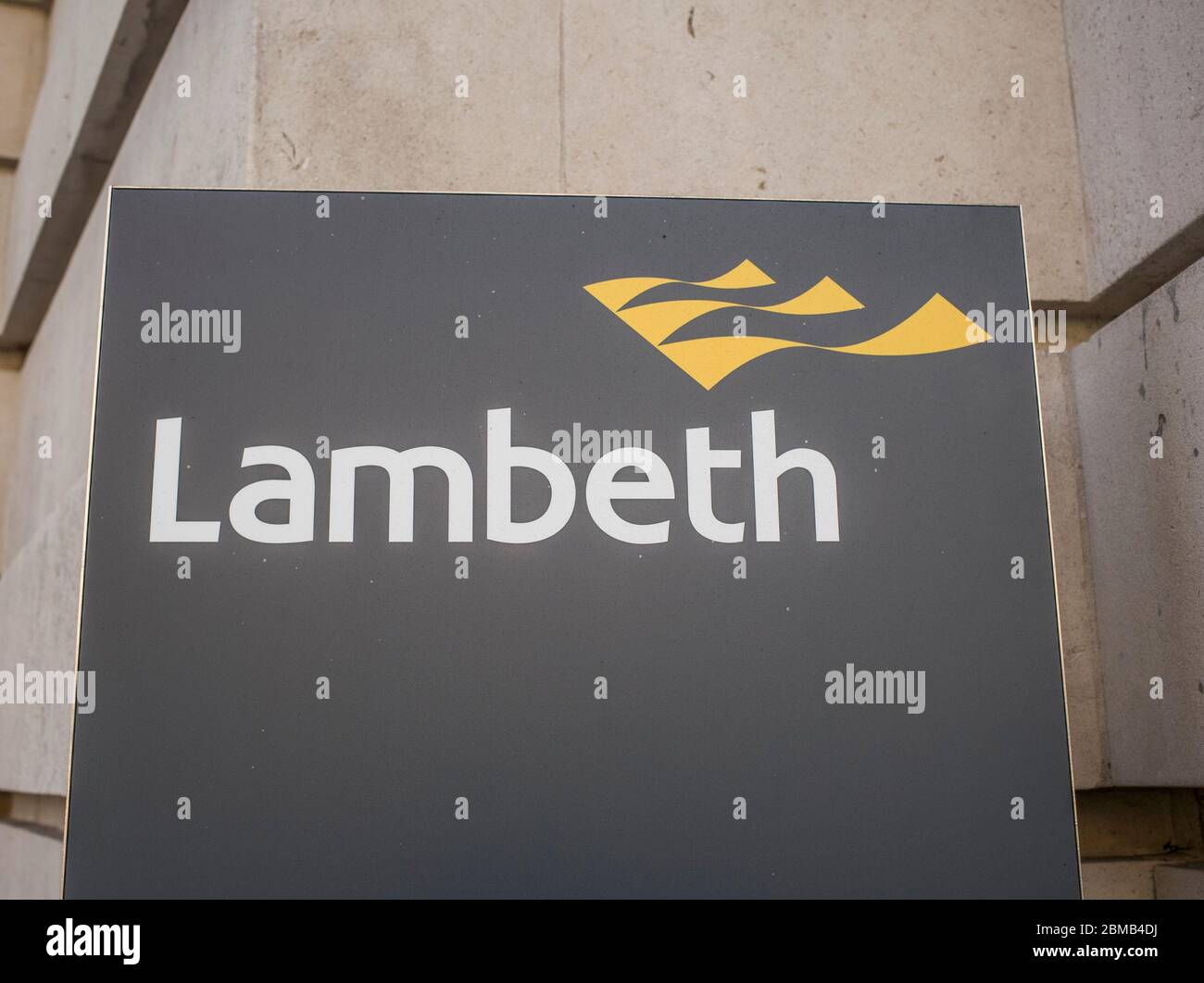 LONDON- Lambeth London Borough Council sign and logo outside Town Hall ...