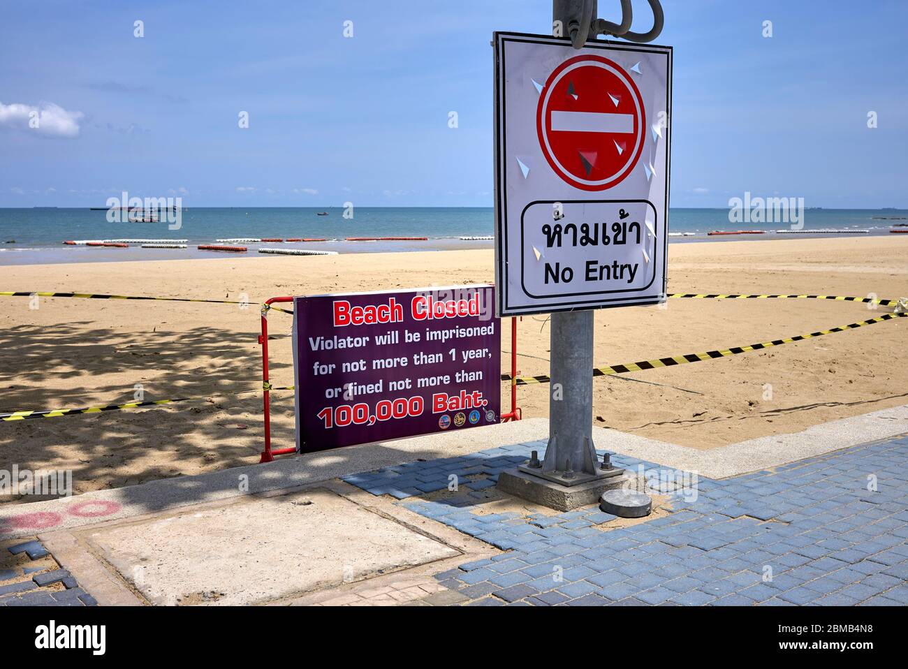 Coronavirus restrictions with no beach entry allowed and sign and ...