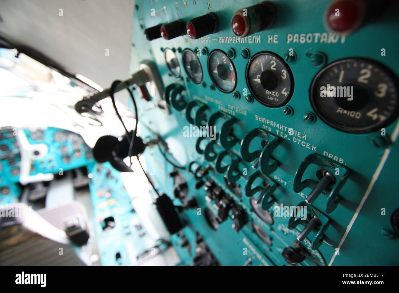 Detail view of the engineer's panel inside the cockpit of an Ilyushin ...