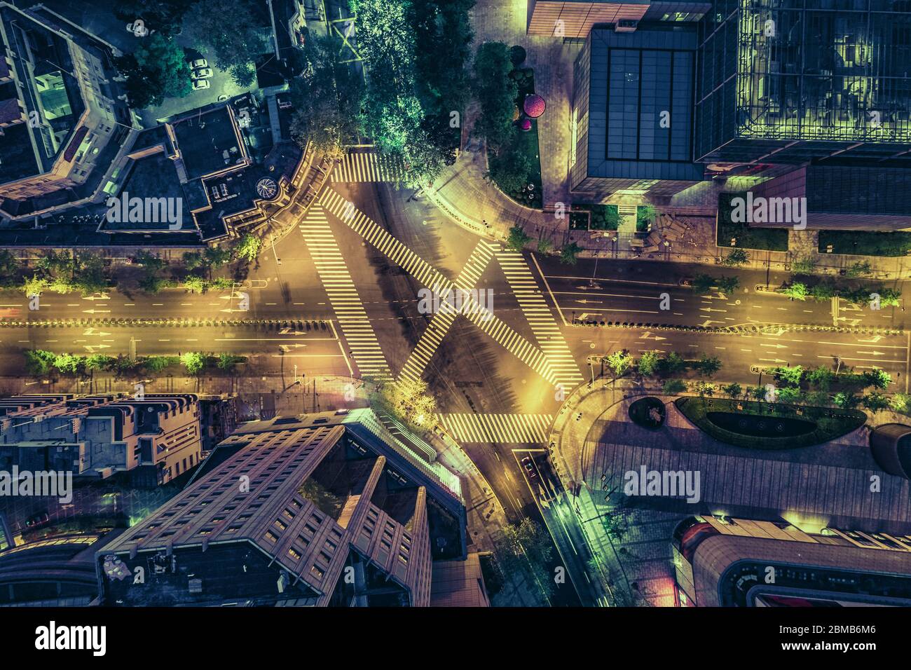 Aerial drone view on city intersection during night Stock Photo - Alamy