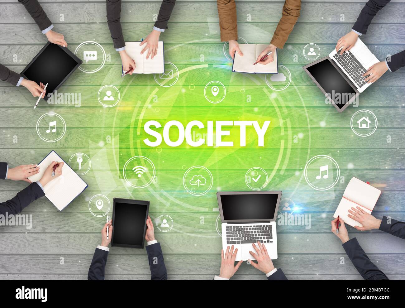 Group of people having a meeting with SOCIETY insciption, social ...
