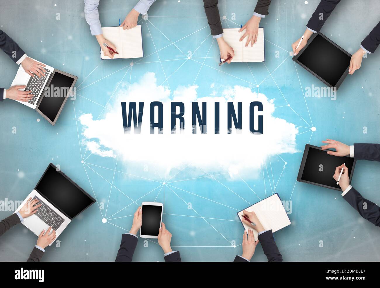 Group of people having a meeting with WARNING insciption, web security ...