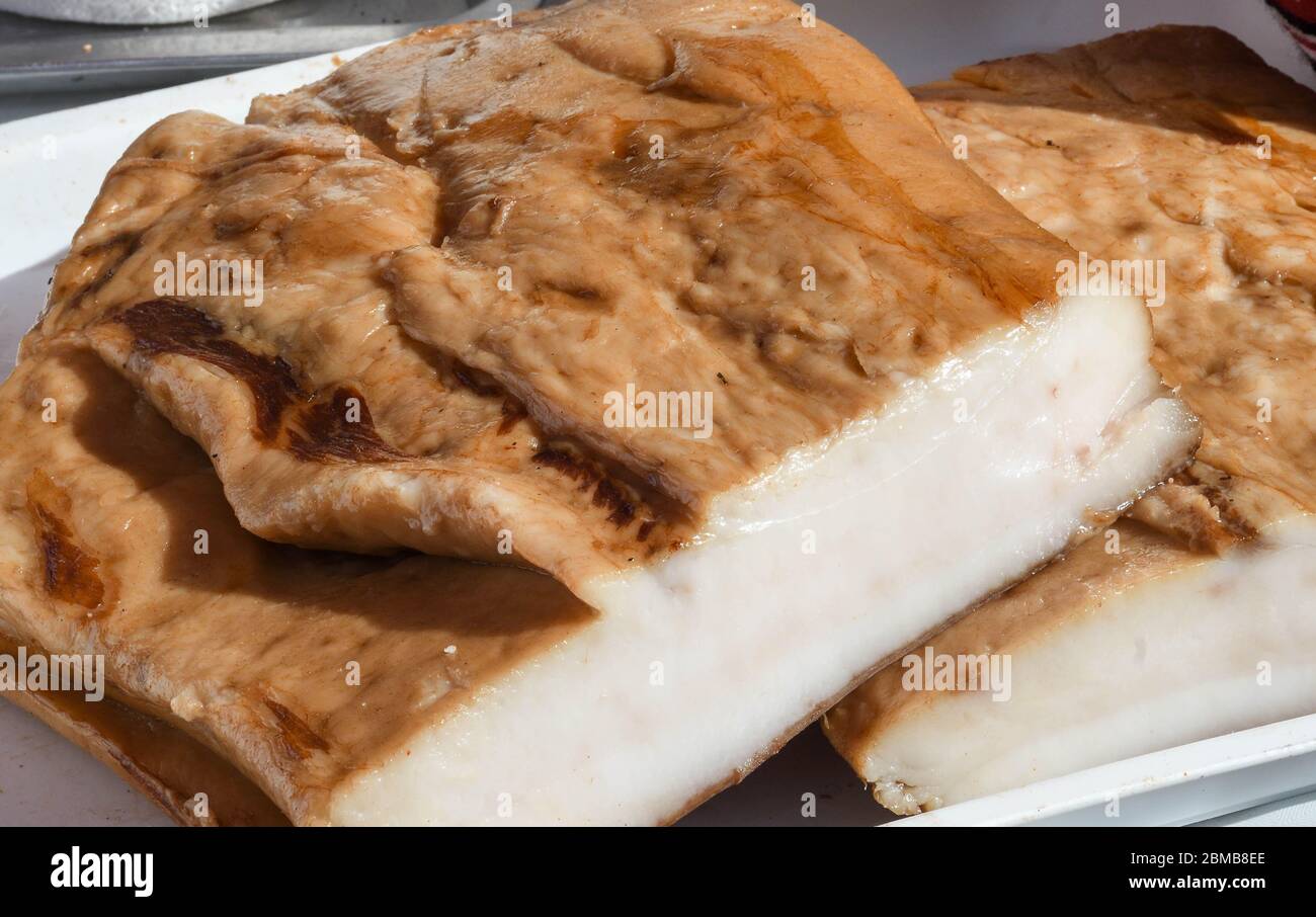 Romanian traditional salty pork belly specialty named slanina, on ...
