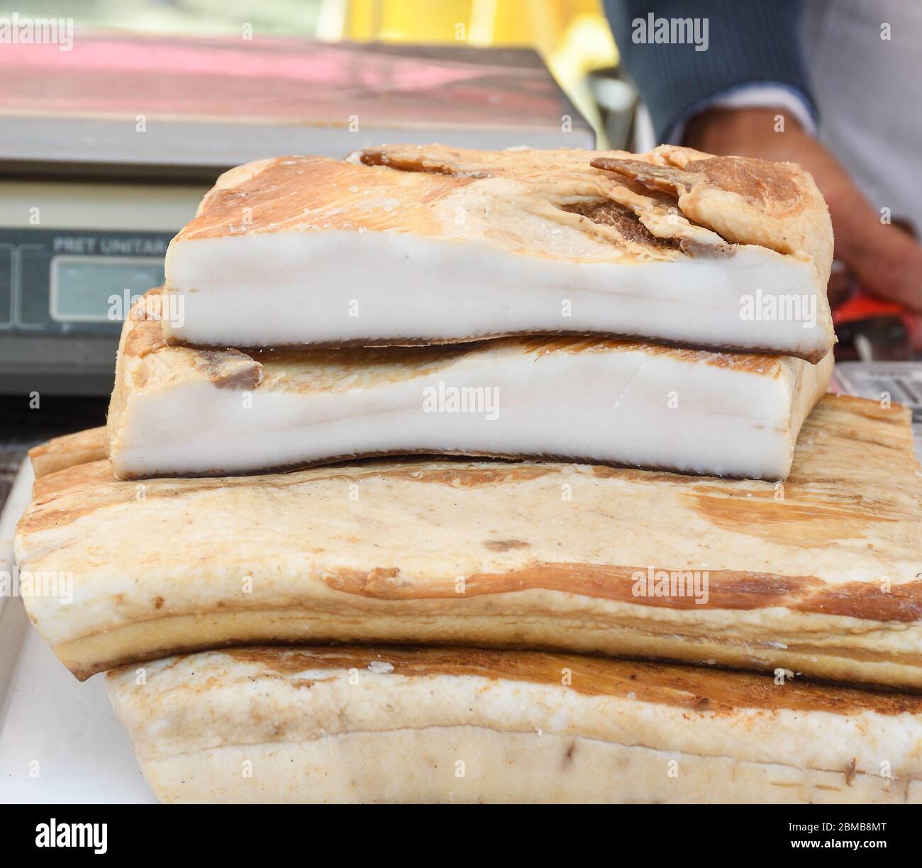 Romanian traditional salty pork belly specialty named slanina, on ...