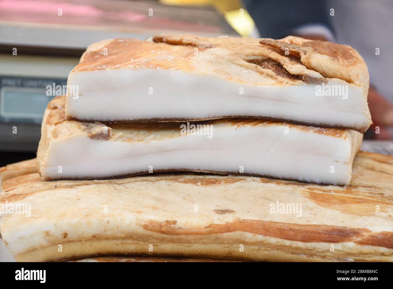 Romanian traditional salty pork belly specialty named slanina, on ...