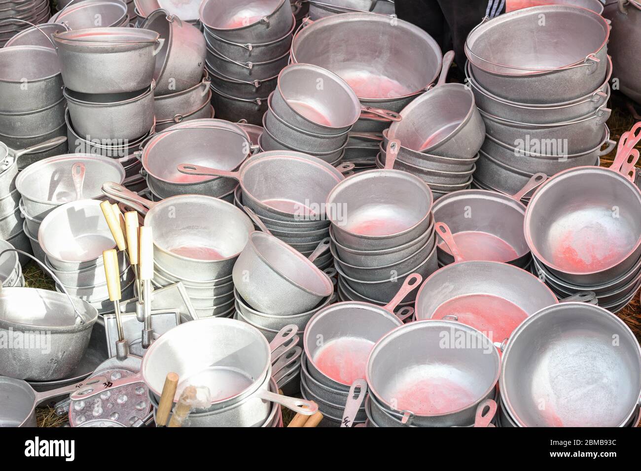 Gypsy market, bronze pots and pans for sale. Romanian minority handmade ...