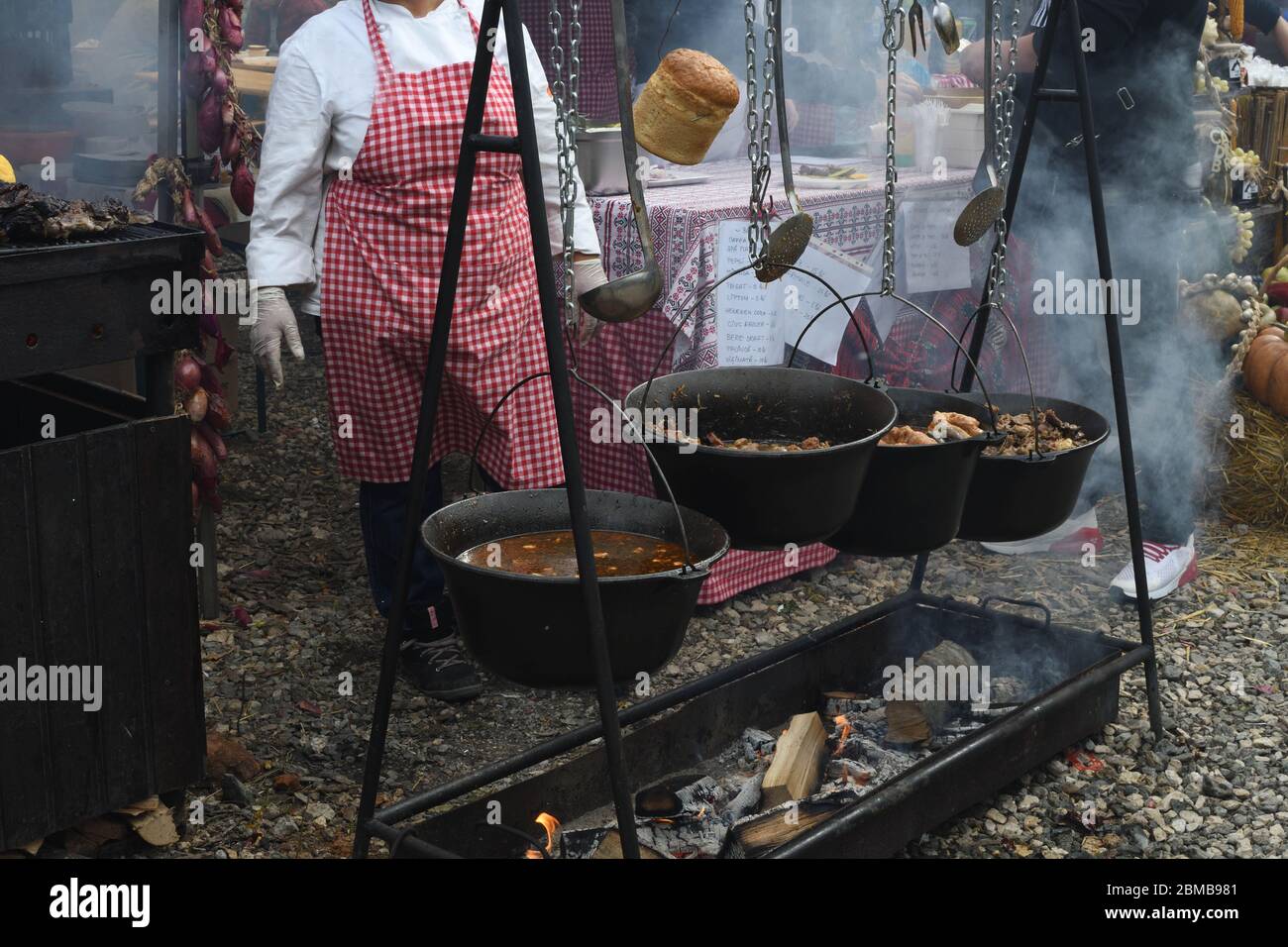 Very large cauldron cooking food during campfire, big pots on fire ...