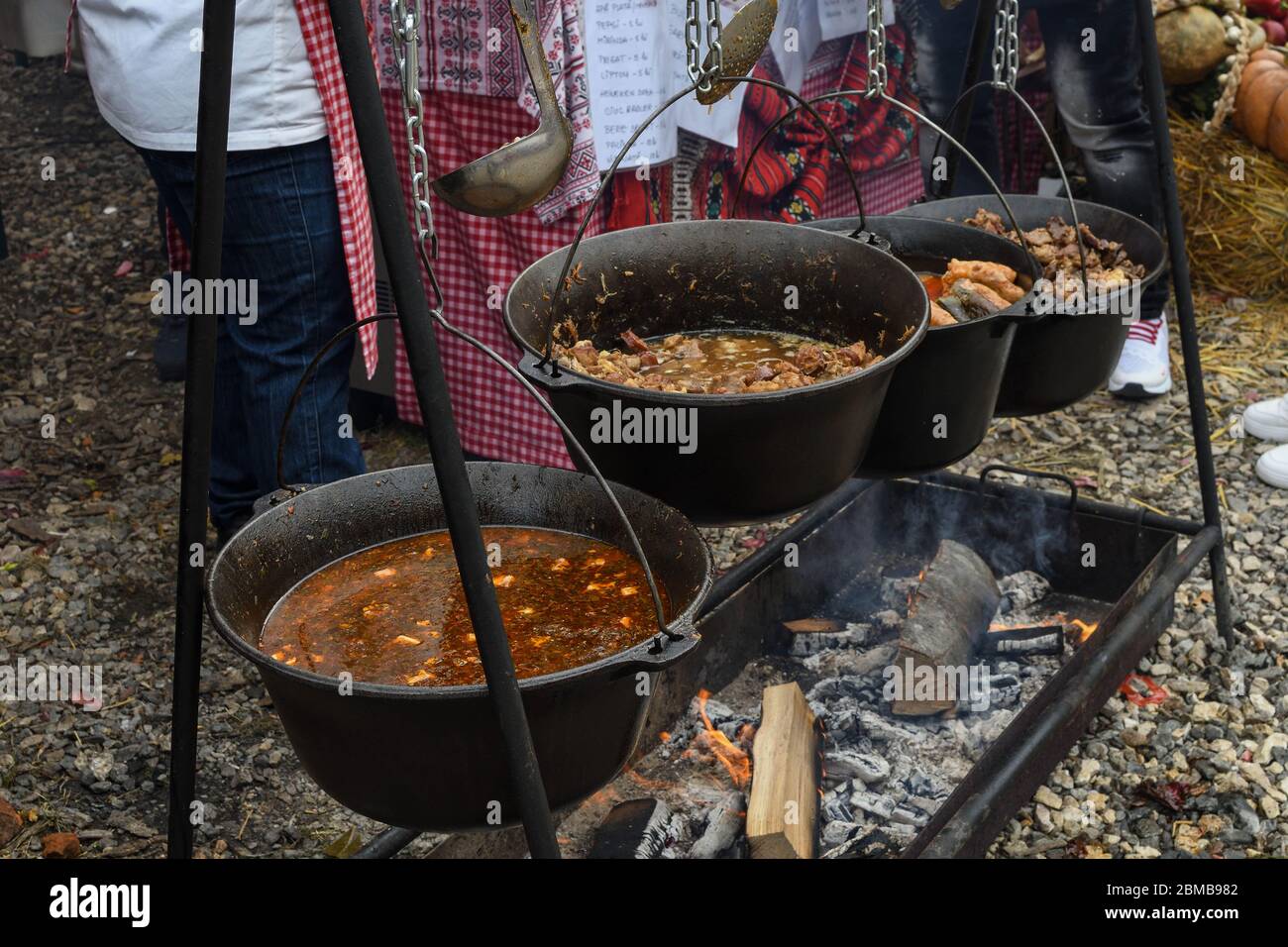 Very large cauldron cooking food during campfire, big pots on fire ...