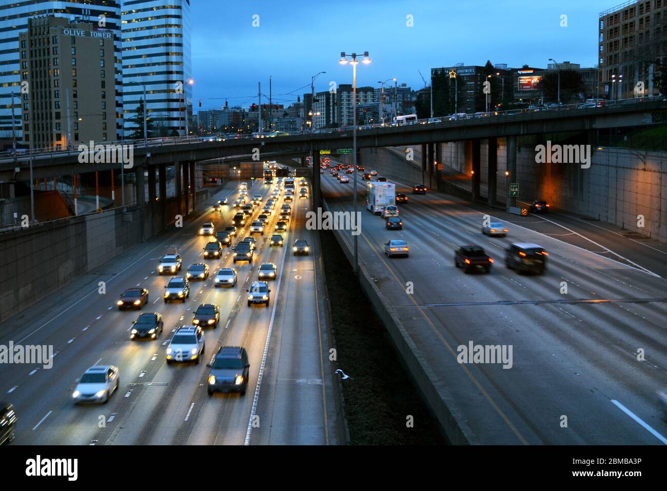 Seattle 2013, busy streets intersection with car wake lights and ...