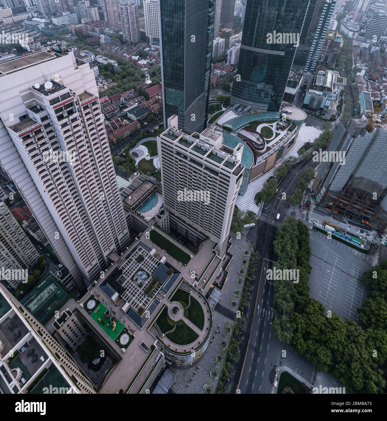 Aerial View of business area and cityscape in foggy dawn, West Nanjing ...