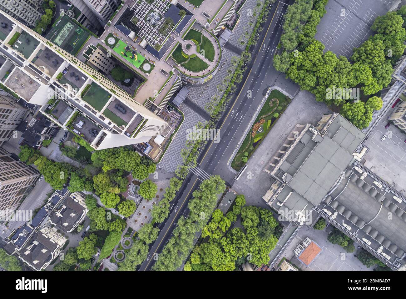 Aerial View of business area and cityscape in foggy dawn, West Nanjing ...