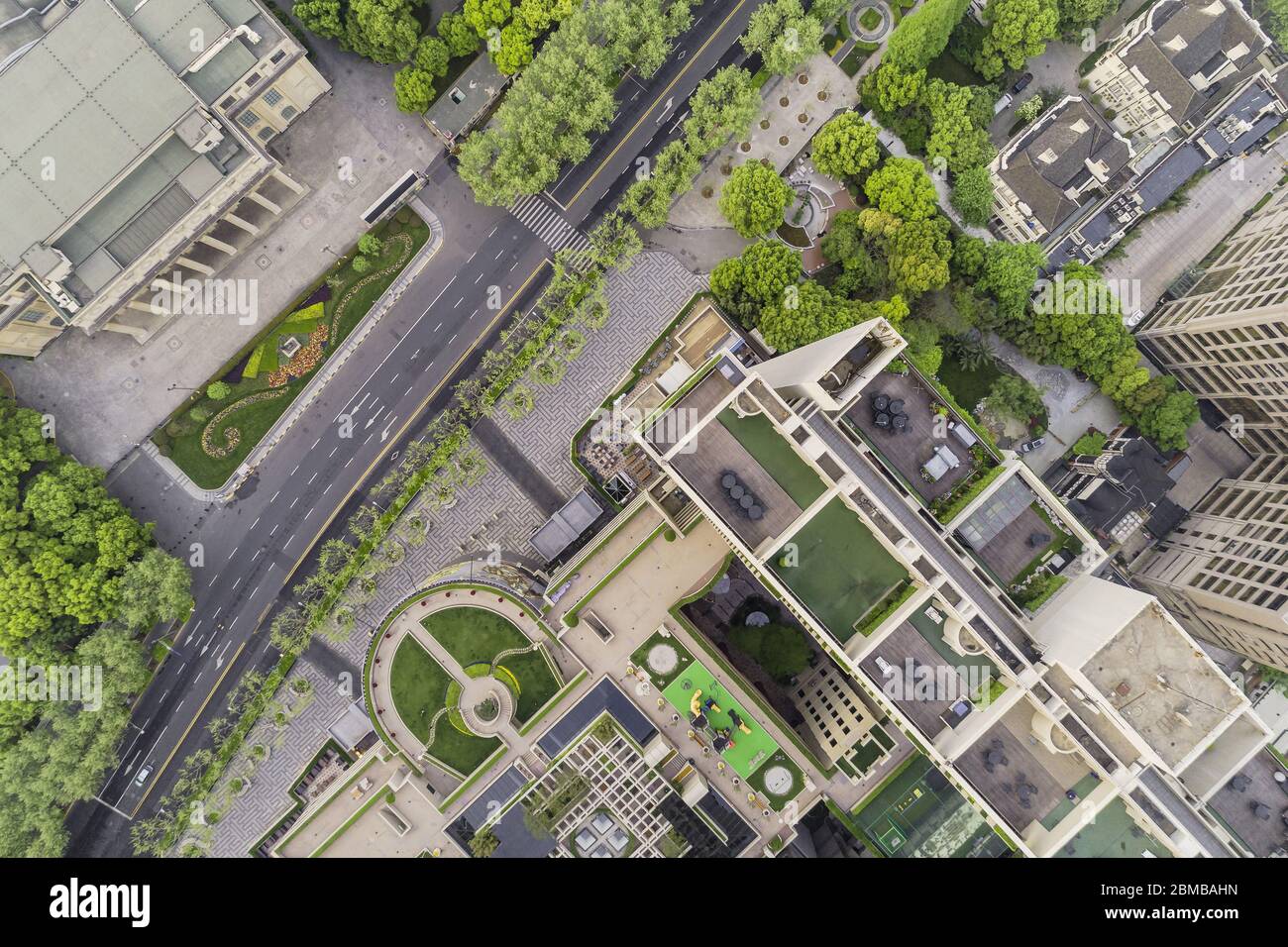 Aerial View of business area and cityscape in foggy dawn, West Nanjing ...