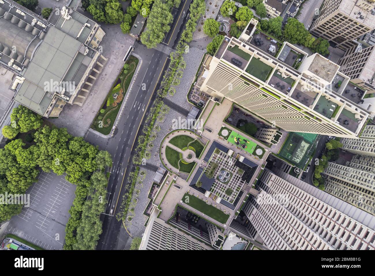 Aerial View of business area and cityscape in foggy dawn, West Nanjing ...