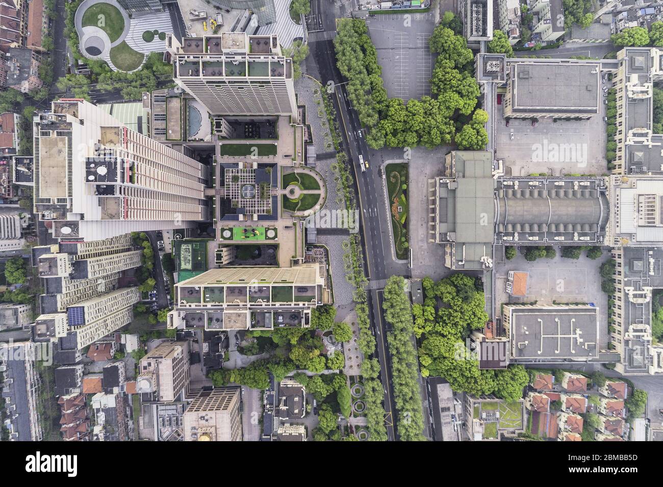Aerial View of business area and cityscape in foggy dawn, West Nanjing ...
