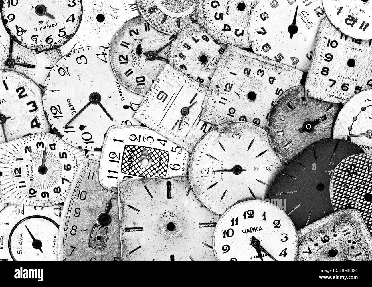 Monochrome Still life of old watch faces Stock Photo - Alamy