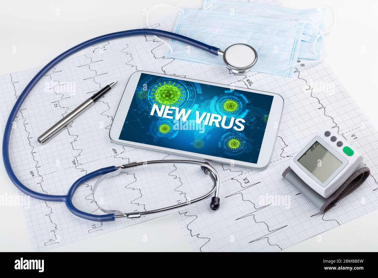 Close-up view of a tablet pc with NEW VIRUS inscription, microbiology ...