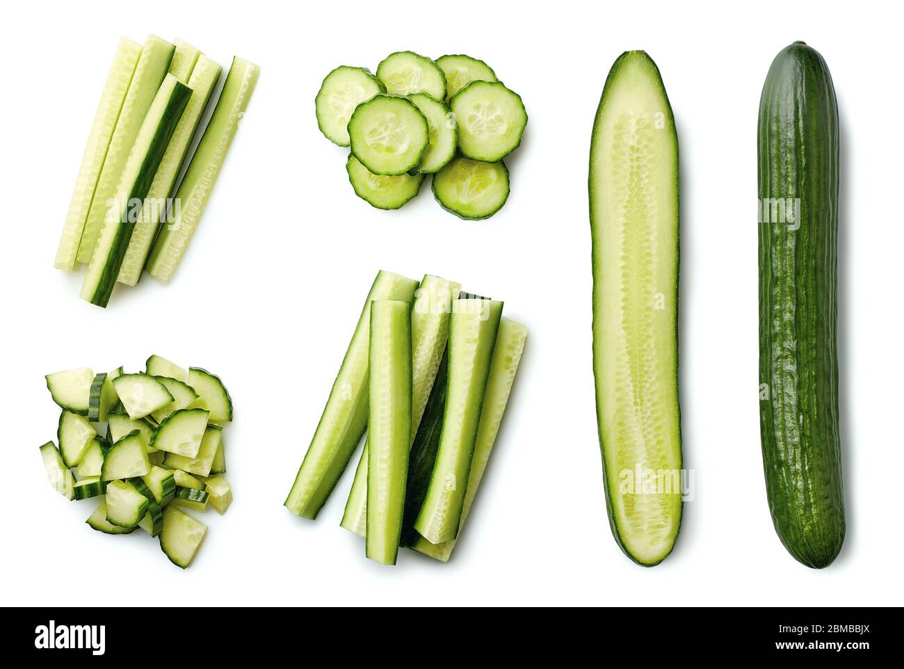 Fresh whole and sliced cucumber isolated on white background. Top view ...