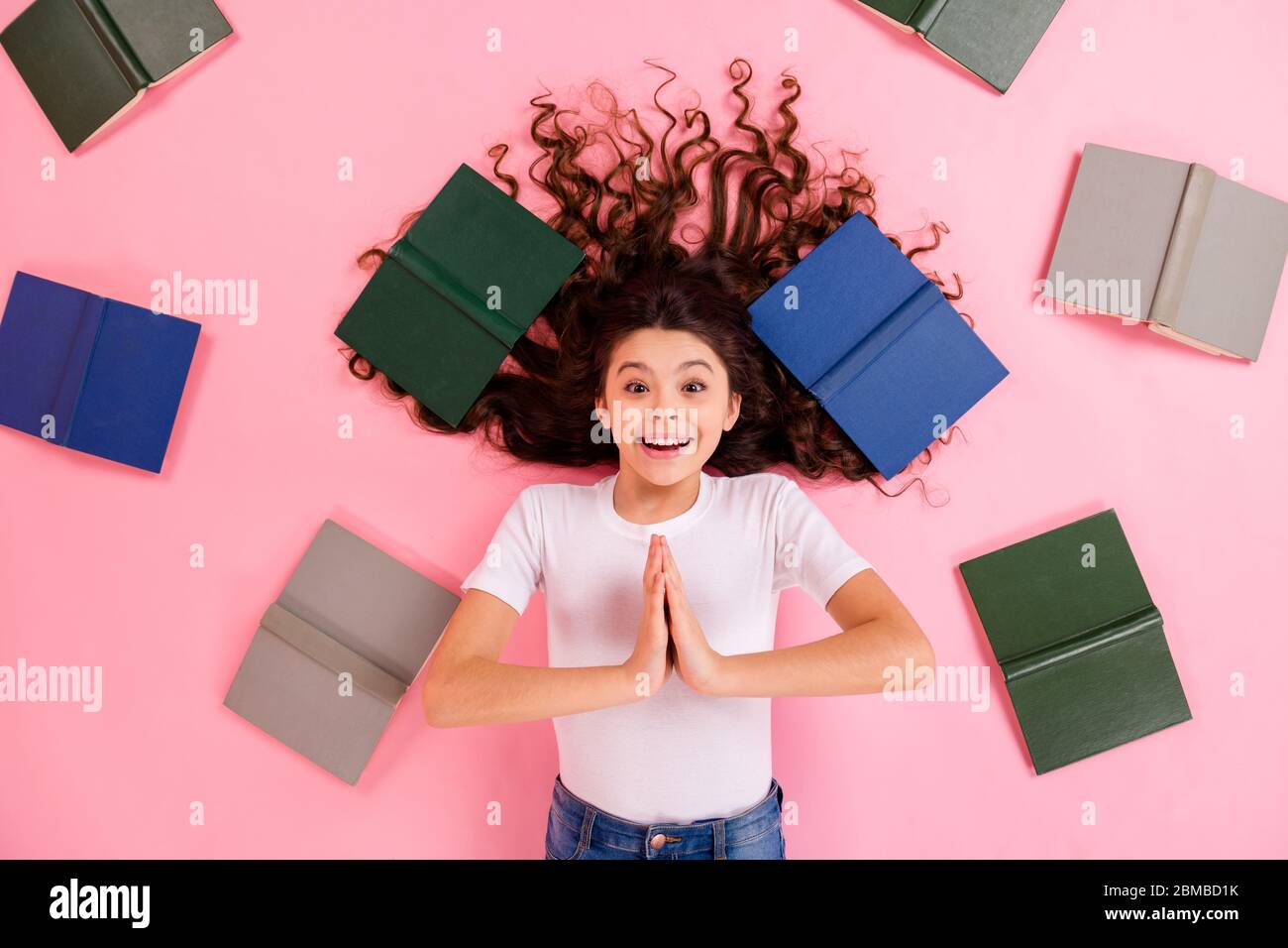 Top view above high angle flat lay flatlay lie concept portrait of her ...