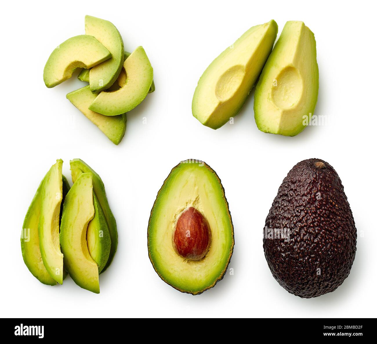 Whole and sliced avocado isolated on white background. Top view Stock ...