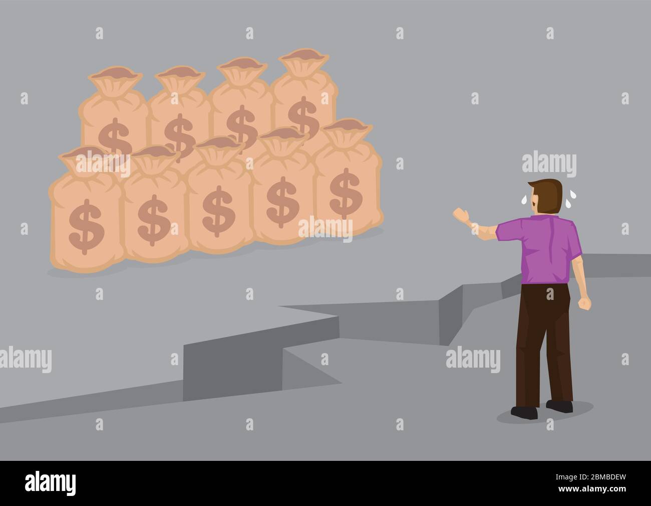 Cartoon man separated from bags of money by large crack in ground ...
