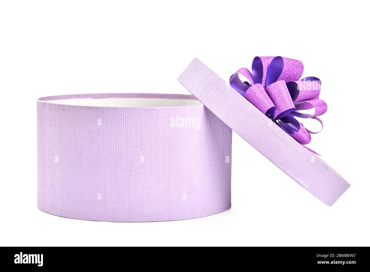 Round gift box with bow, isolated. Purple opened box for gift on white ...