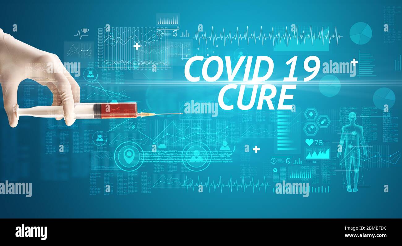 Syringe needle with virus vaccine and COVID 19 CURE inscription, antidote concept Stock Photo ...