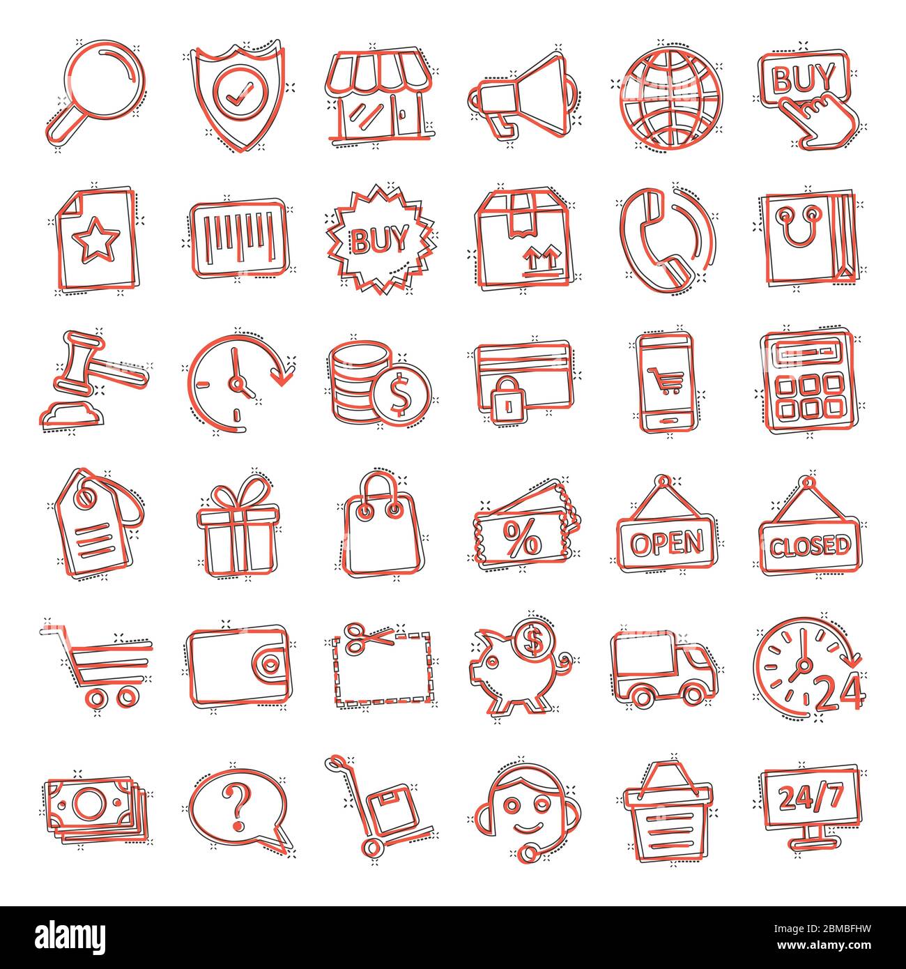 Shopping icon set in comic style. Online commerce cartoon vector ...