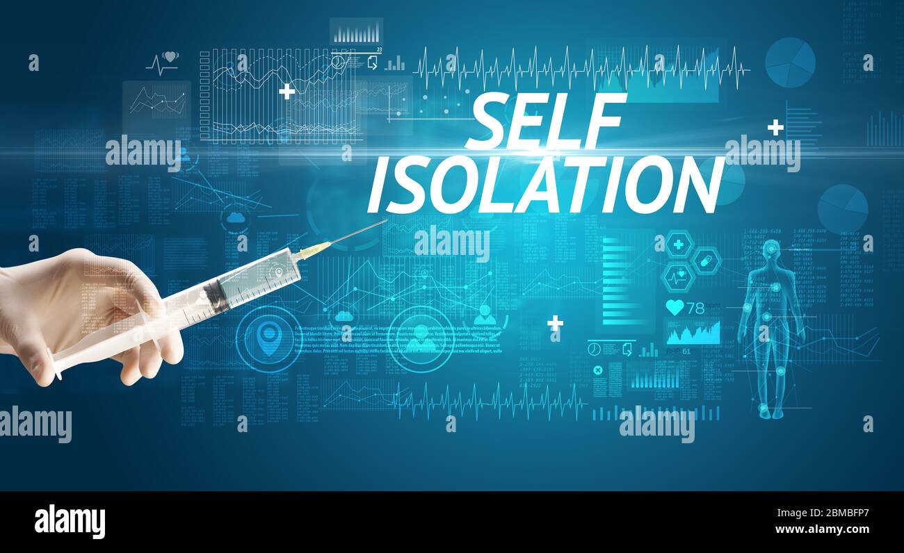 Syringe needle with virus vaccine and SELF ISOLATION inscription, antidote concept Stock Photo ...